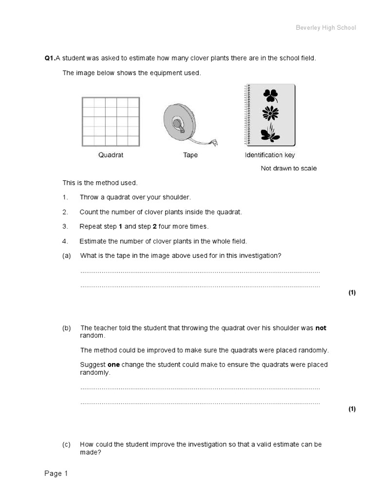 Q1.A Student Was Asked To Estimate How Many Clover Plants There Are in ...
