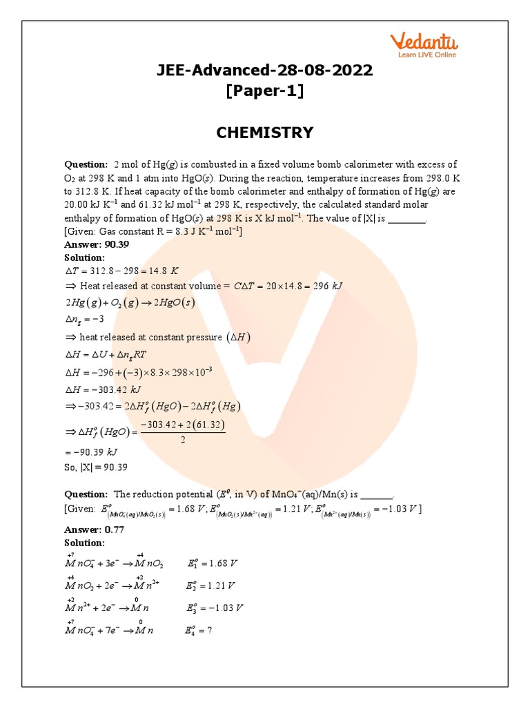 JEE Advanced Chemistry Solutions 2022 | PDF | Molecular Orbital | Molecules