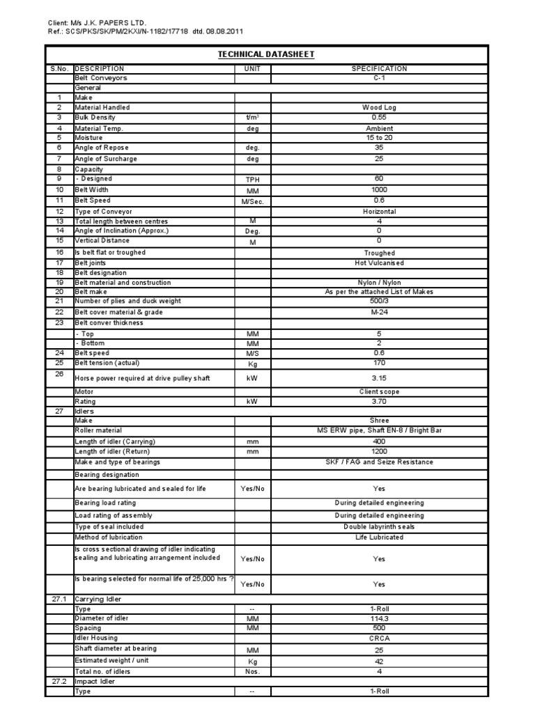 Technical Datasheet for Wood Conveyor Belts | PDF | Belt (Mechanical) | Bearing (Mechanical)