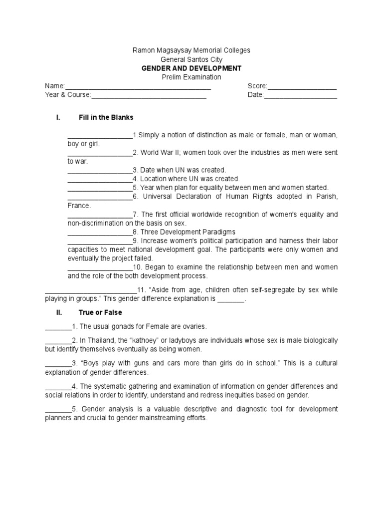 Prelim Exam Gender Development | PDF | Intersex | Gender