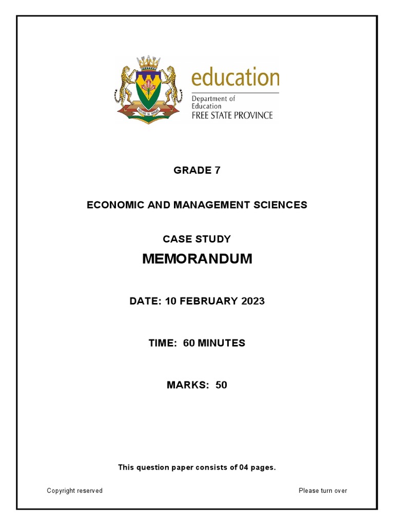 Grade 7 EMS Case Study - Term 1 - 2023 Memorandum | PDF