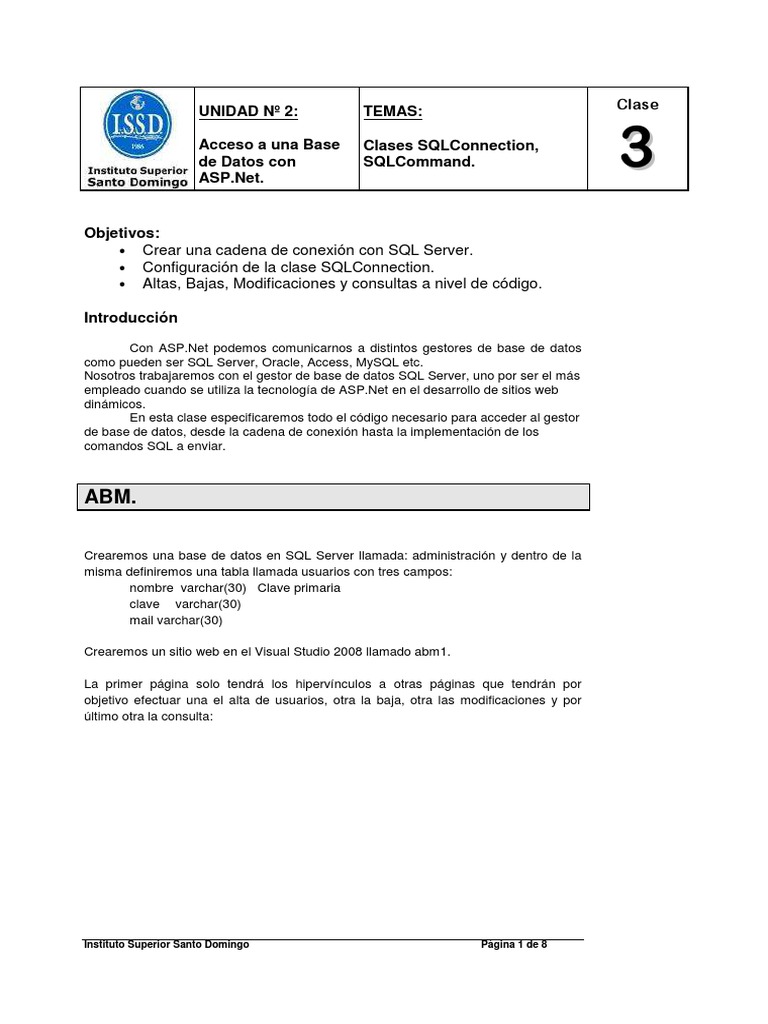 Web Dai5 Guia Didactica 03 Clases Sqlconnection Sqlcommand Pdf