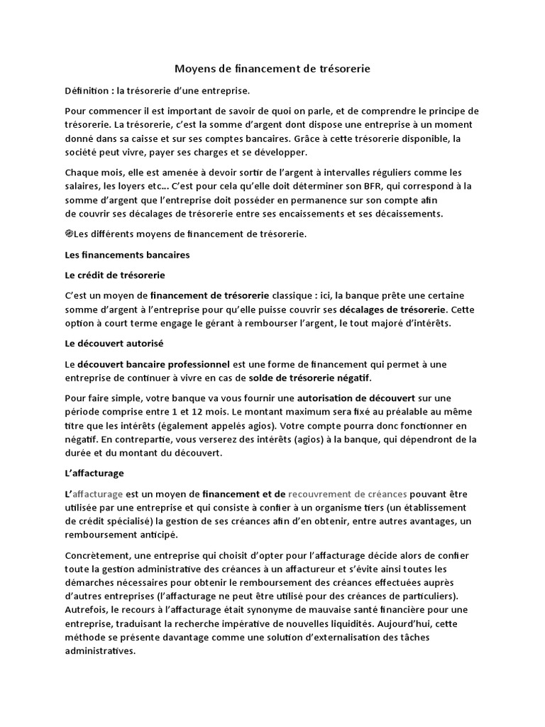 Moyens de Financement de Trésorerie 1 | PDF | Banques | Trésor
