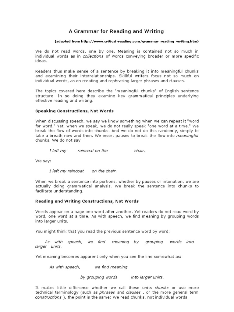 A Grammar For Reading and Writing | PDF | Subject (Grammar) | Sentence ...
