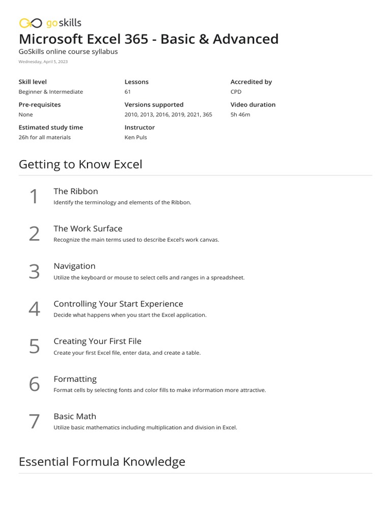 Microsoft Excel 365 - Basic & Advanced: Getting To Know Excel | PDF | Microsoft Excel | Spreadsheet