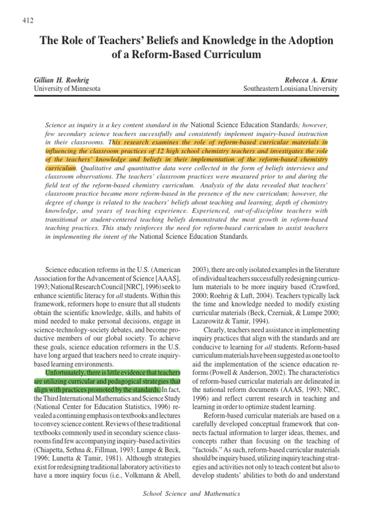 The Role of Teachers' Beliefs and Knowledge in The Adoption of A Reform-Based Curriculum | PDF ...