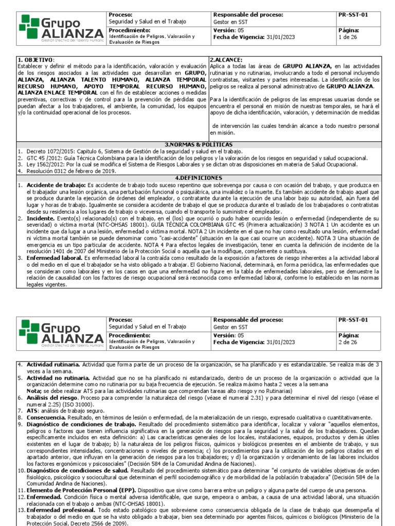 PR-SST-01 - V01 Identificación de Peligros, Valoración y Evaluación de Riesgos | PDF | Seguridad ...