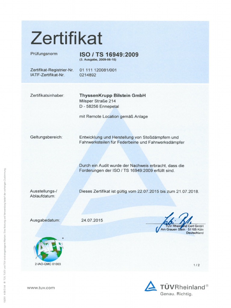 Zertifikat-Bilstein-ISO TUV Thyssekrupp | PDF