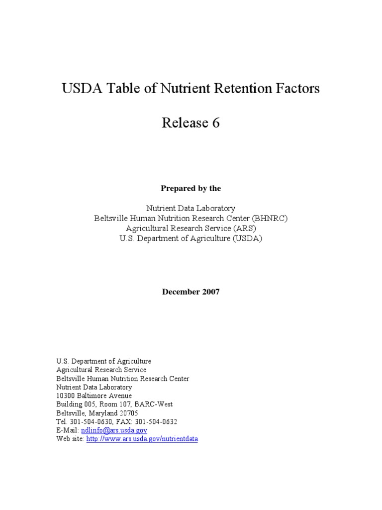USDA Table of Nutrient Retention Factors, Release 6 (2007.) | PDF ...
