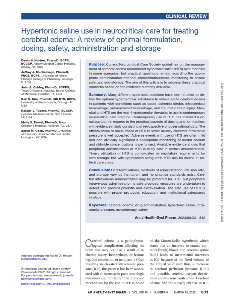 Hypertonic Saline Use in Neurocritical Care For Treating Cerebral Edema ...