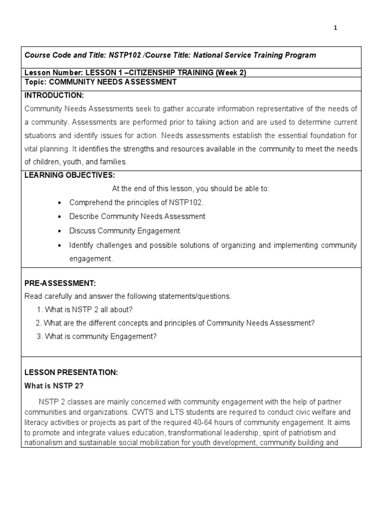 NSTP 2 Lesson 1 2 Week2 3 | PDF | Needs Assessment | Information