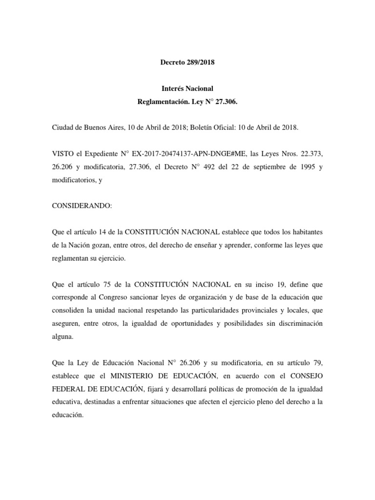 Dto 289-18 Reglamentación - Reglamentacion - Ley - 27306 | Descargar ...