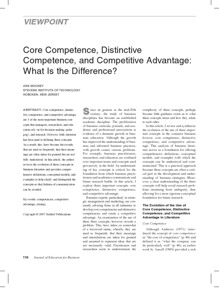 Core Competence, Distinctive Competence, and Competitive Advantage ...