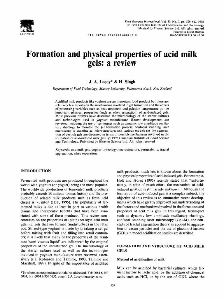 Acid Milk Gels: Formation & Properties Review | PDF | Milk | Elasticity ...