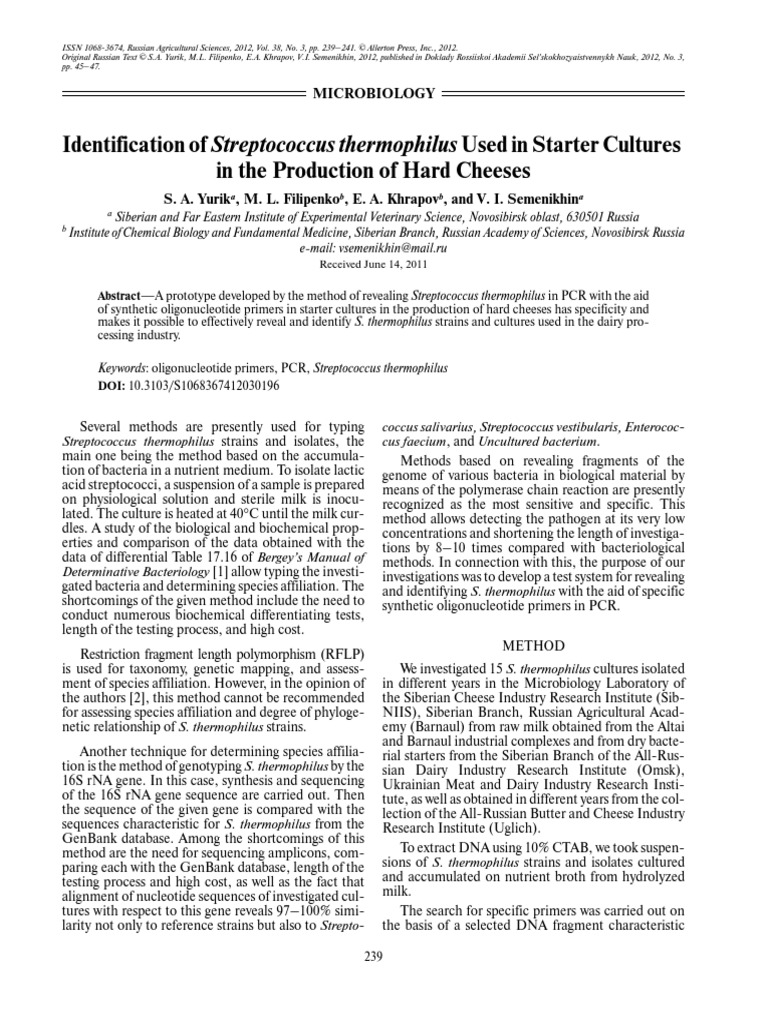 2012 +identification of Streptococcus Thermophilus Used in Starter ...