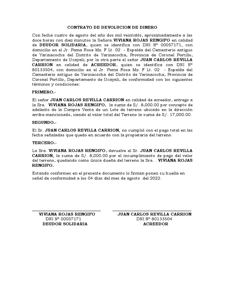 Contrato de Devolucion de Dinero | PDF