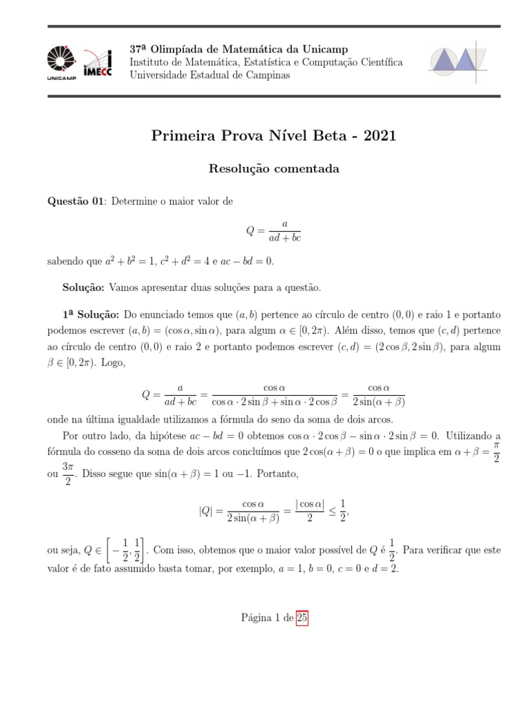 6093f29892c1dvers o Final Gabarito Prova 37 OMU Beta 1 Fase | PDF | Triângulo | Determinante
