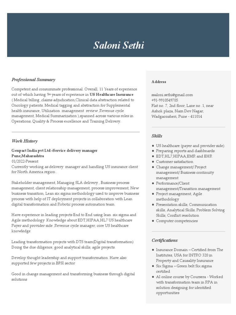 Saloni Sethi: Professional Summary | PDF | Electronic Health Record | Health Care