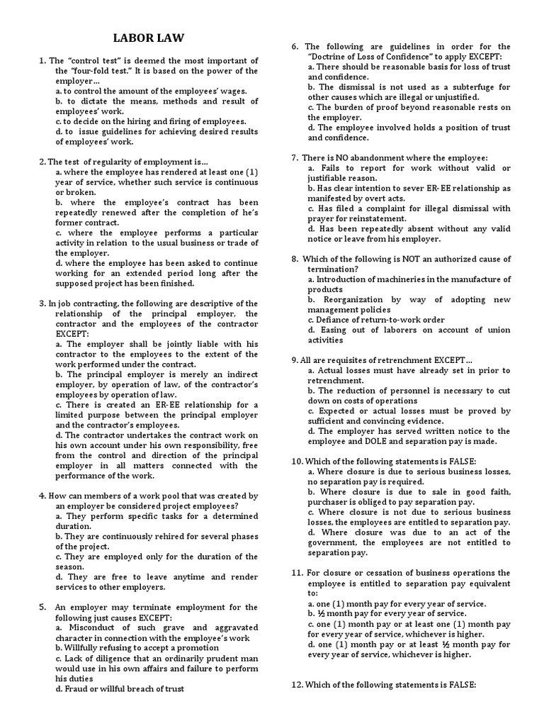 Labor Standards - Test Bank | PDF | Employment | Strike Action