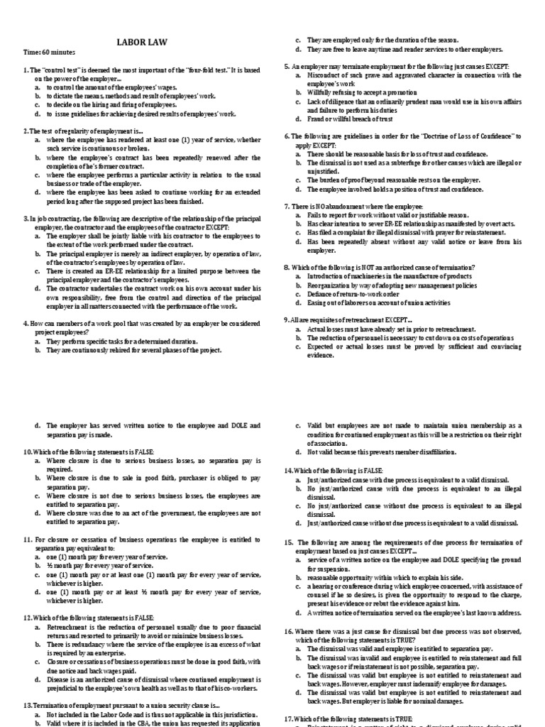 Labor Standards - Test Bank | PDF | Employment | Strike Action