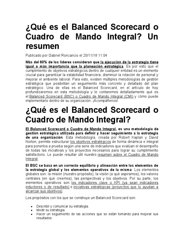 Qué Es El Balanced Scorecard o Cuadro de Mando Integral | PDF ...