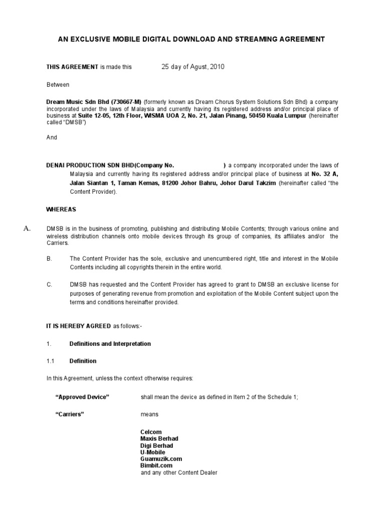 An Exclusive Mobile Digital Download and Streaming Agreement | PDF ...