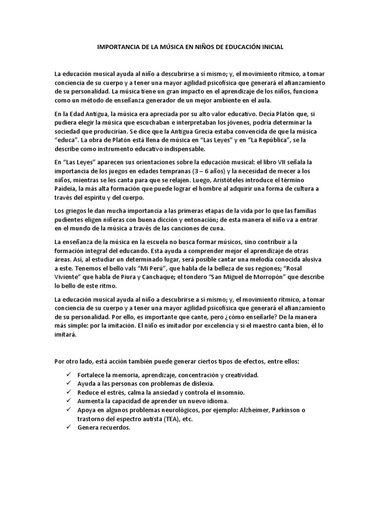 Importancia de La Música en Niños de Educación Inicial | PDF ...