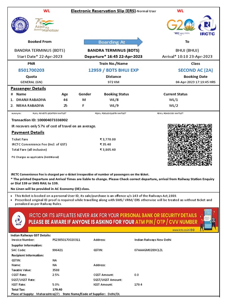 Bdts Bhuj Exp Second Ac (2A) : WL WL | PDF | Identity Document