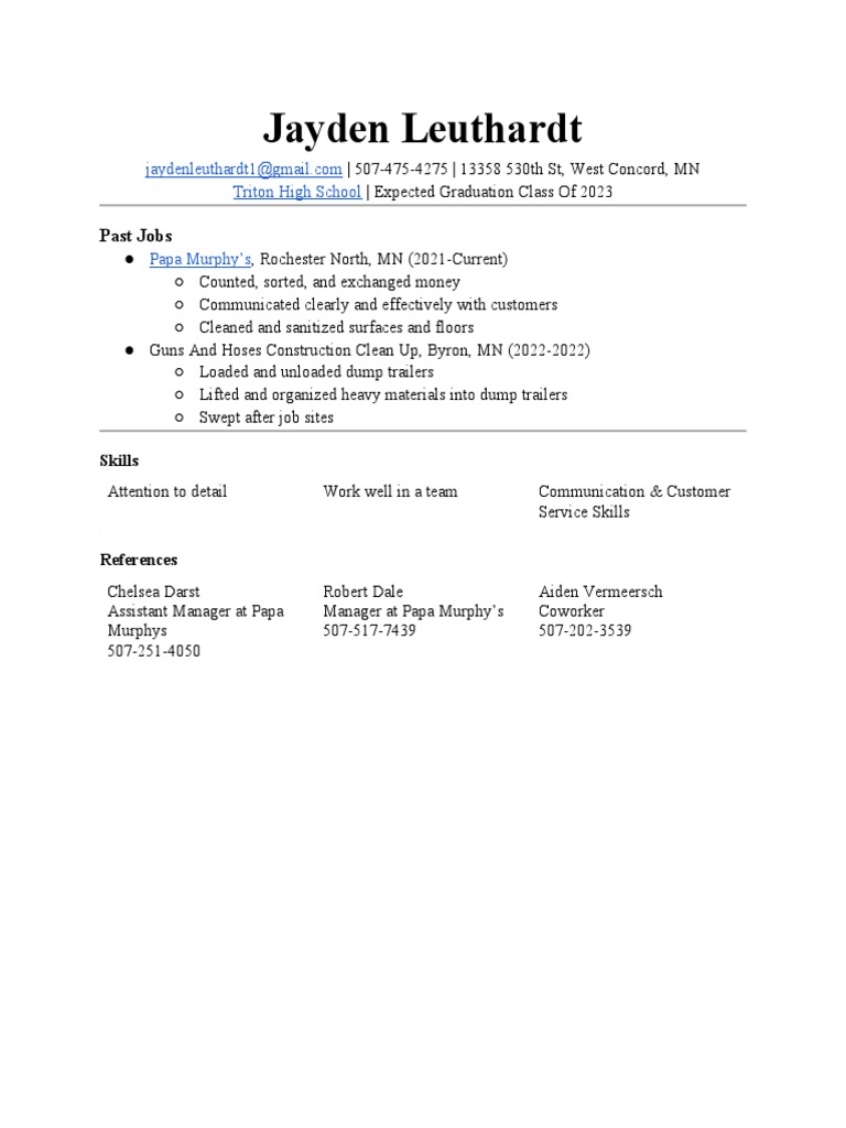 Jayden Leuthardt's Resume Summary | PDF