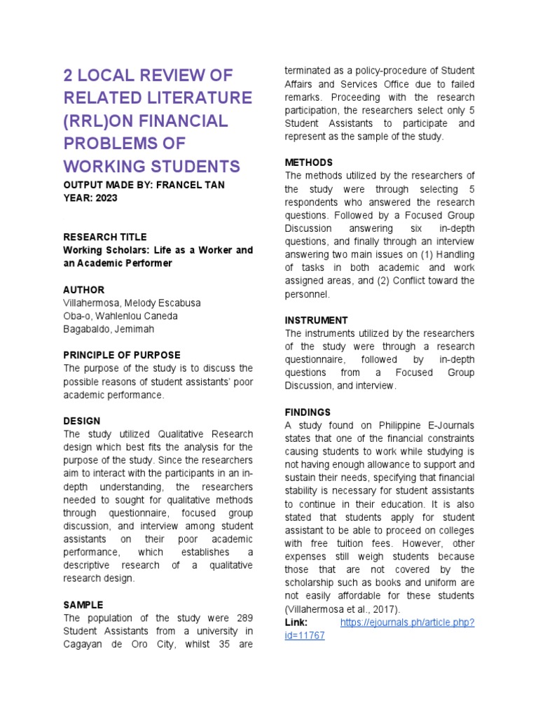 2 Local Review of Related Literature (RRL) On Financial Problems of Working Students by Francel ...