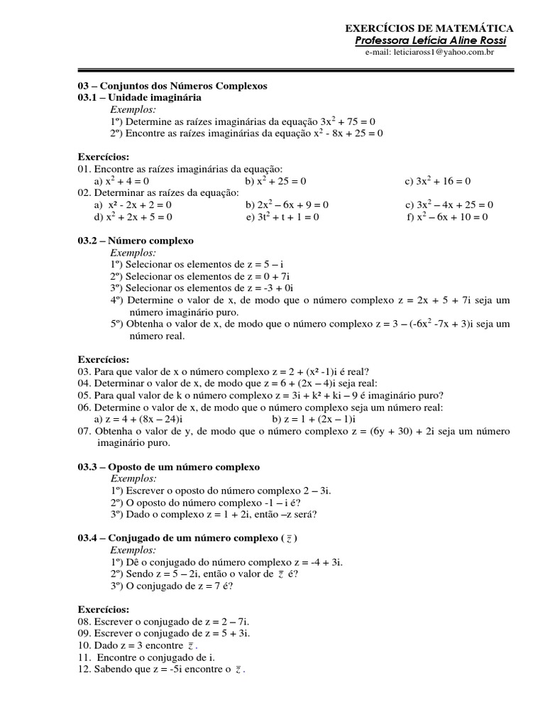 Exercícios de matemática - números complexos | PDF | Número complexo | Sistema de coordenada ...