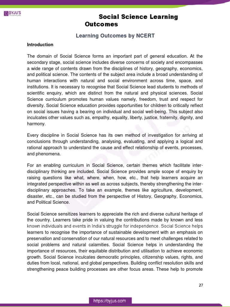 CBSE Class 9 Social Science Learning Outcomes l2021 22 | PDF