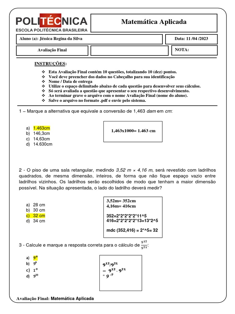 Avaliacao Final - Matématica Aplicada. | PDF Avaliacao Final - Matématica Aplicada. | PDF