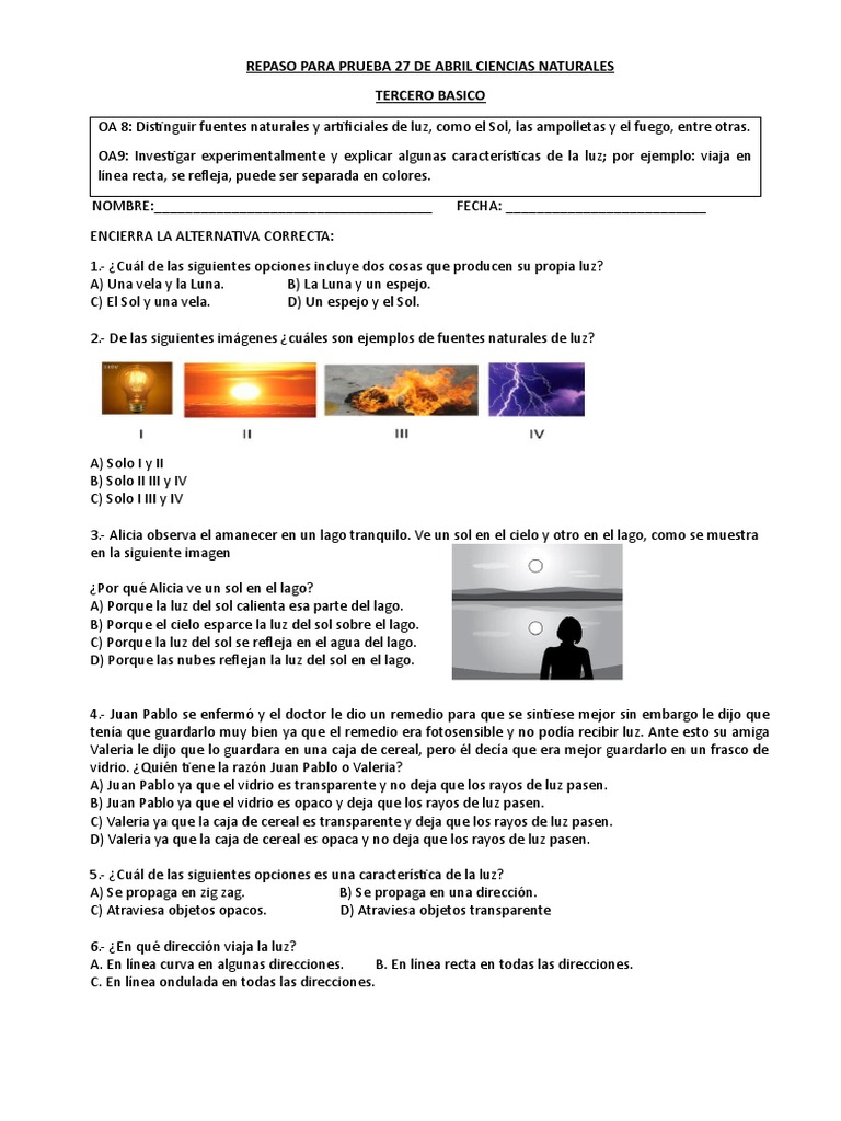 Repaso para Prueba 27 de Abril Ciencias Naturales | PDF | Ligero | Cielo