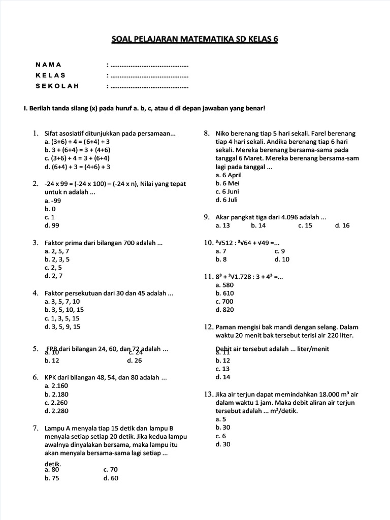 PDF Soal Pelajaran Matematika SD Kelas 6 2docx - Compress | PDF