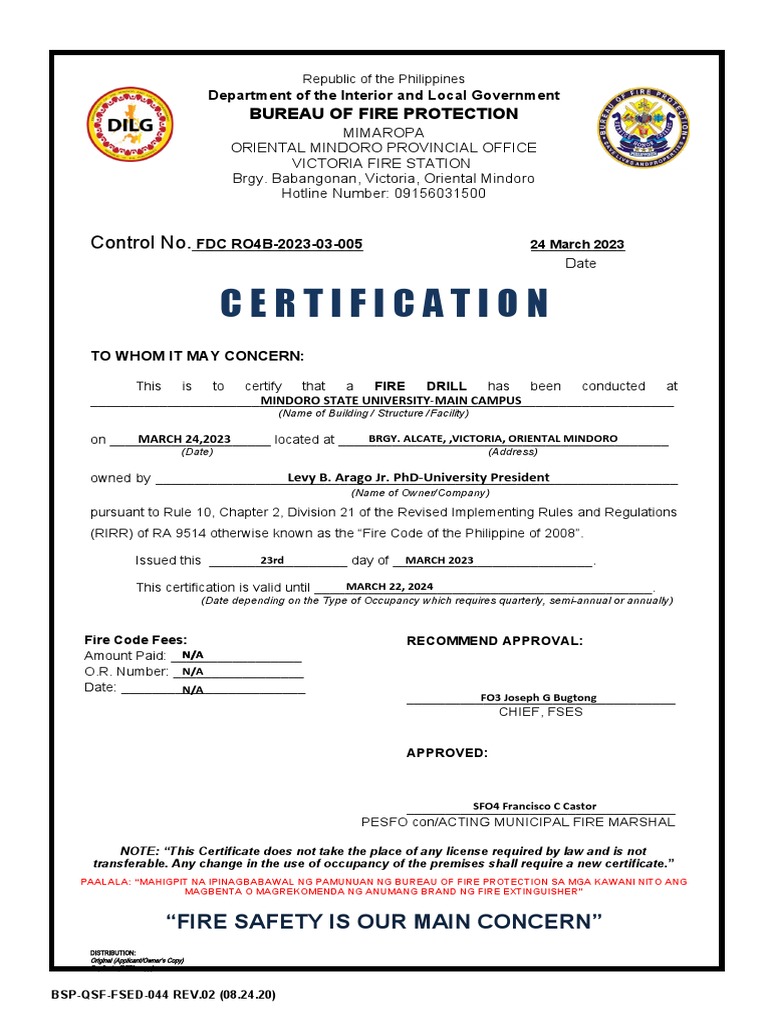 Fire Drill Certificate-Minsu Victoria | PDF | Fire Safety | Justice