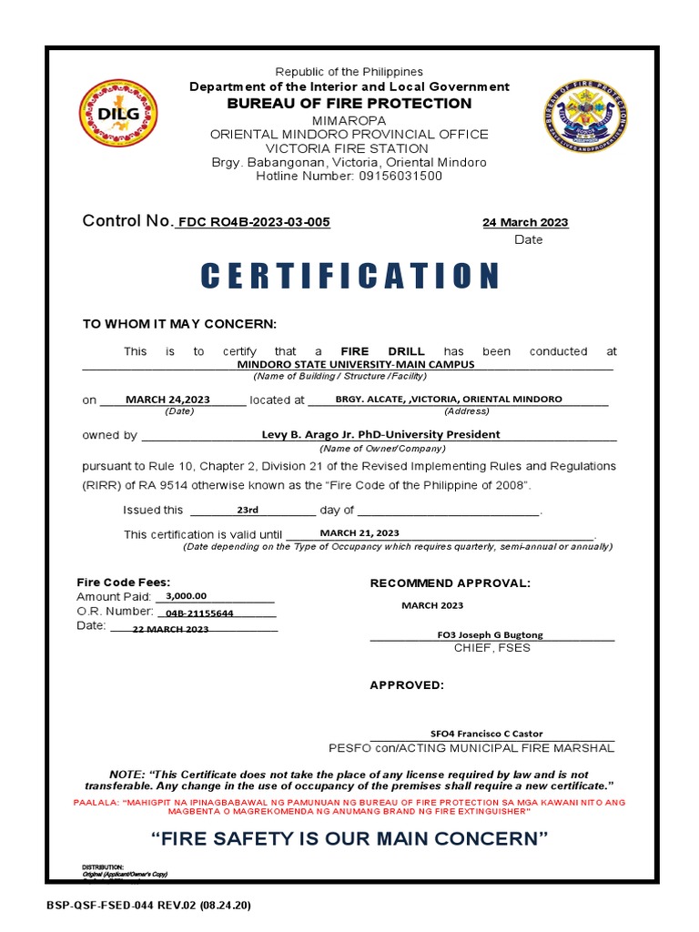 Fire Drill Certification Document | PDF