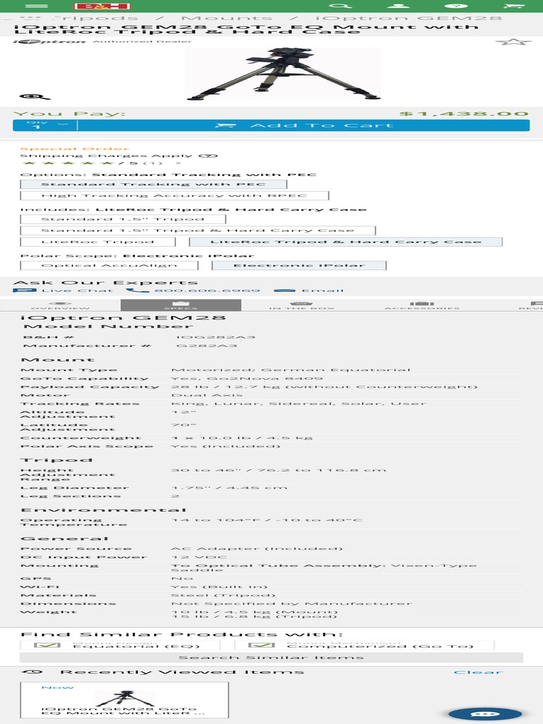 Ioptron GEM28 GoTo EQ Mount With LiteRoc Tripod & | PDF | Equipment | Manufactured Goods