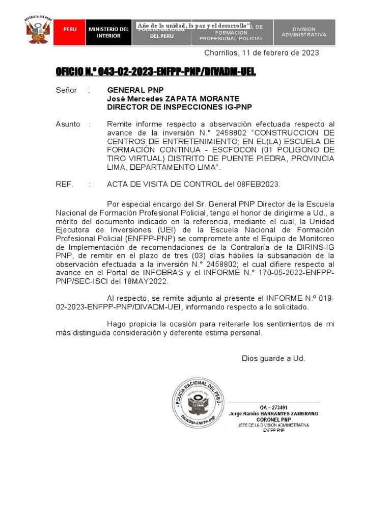 OFICIO N.º 043-02-2023-ENFPP-PNP/DIVADM-UEI.: General PNP José Mercedes ZAPATA MORANTE Director ...