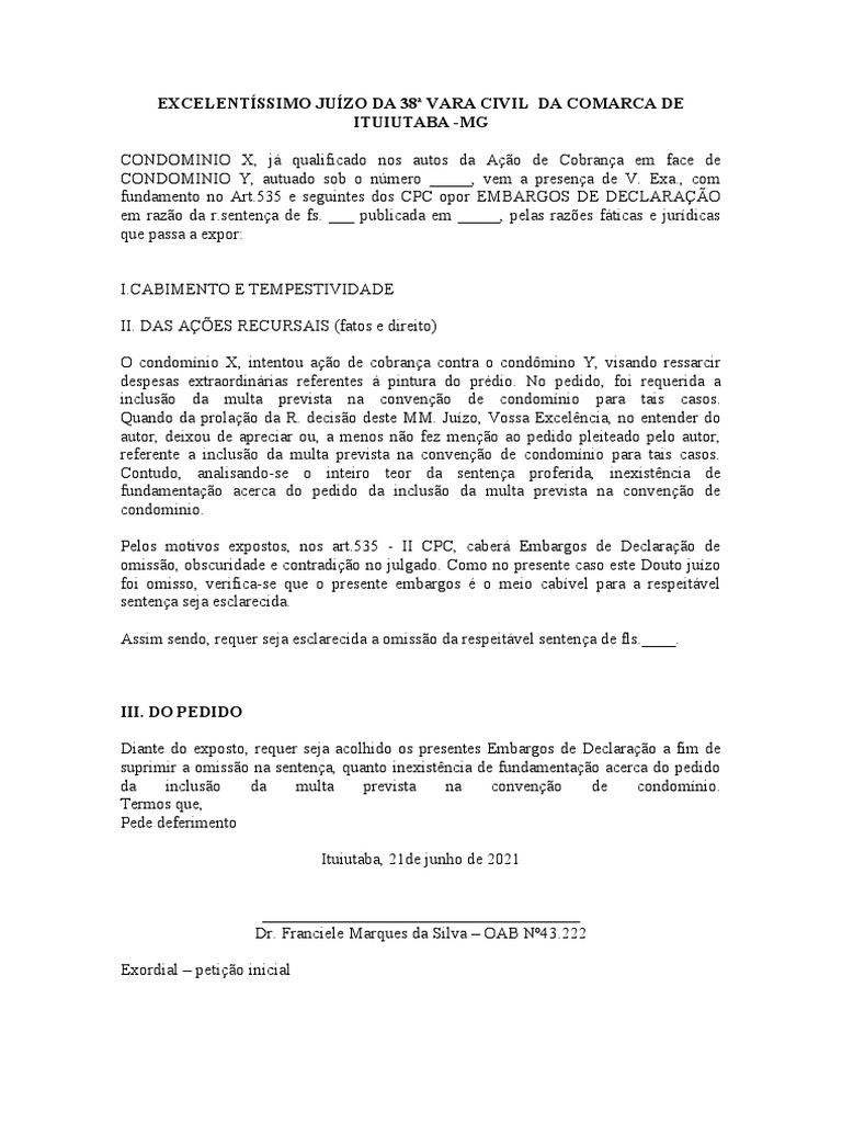 Excelentíssimo Juízo Da 38 Vara Civil Da Comarca de Ituiutaba - MG | PDF