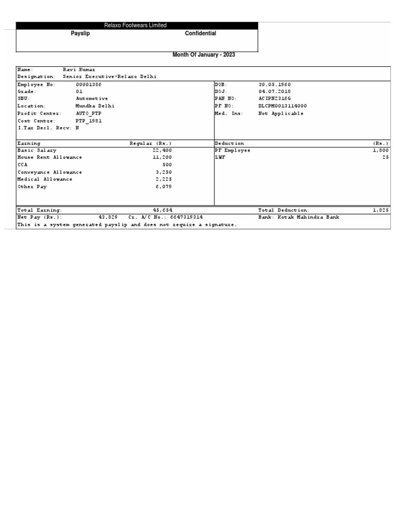 Payslip Confidential: Relaxo Footwears Limited | PDF
