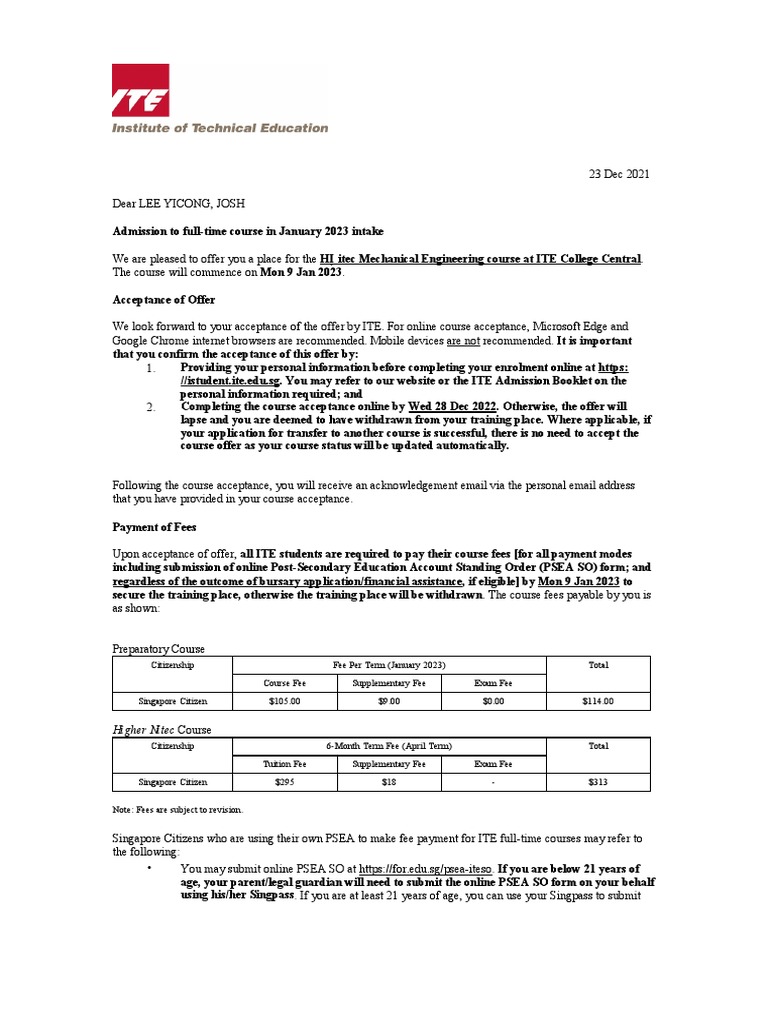 ITE College Central Mechanical Engineering Admission Details | PDF ...