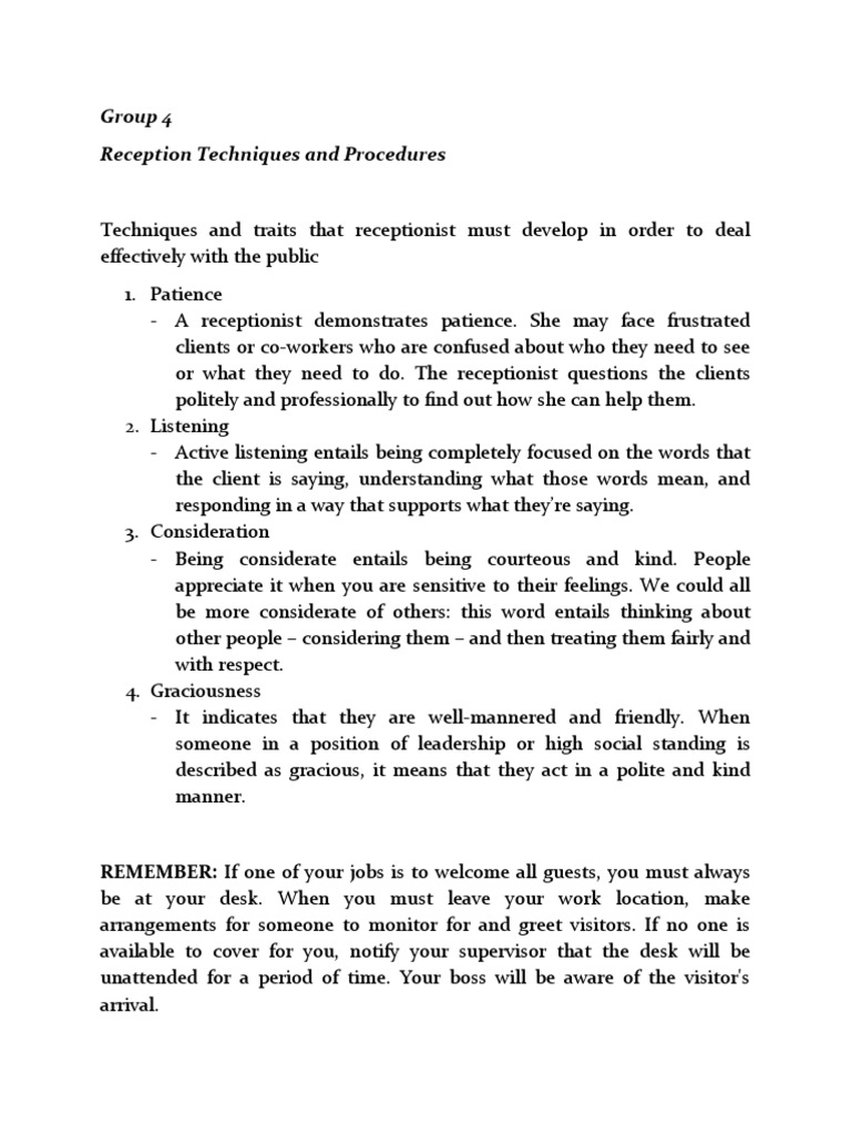 Group 4 Reception Techniques and Procedures: REMEMBER: If One of Your ...