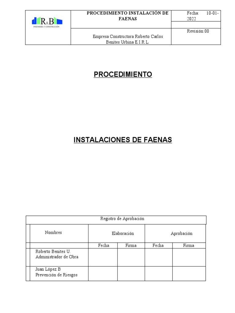 Procedimiento de Instalación de Faenas | PDF | Agua | Peatonal
