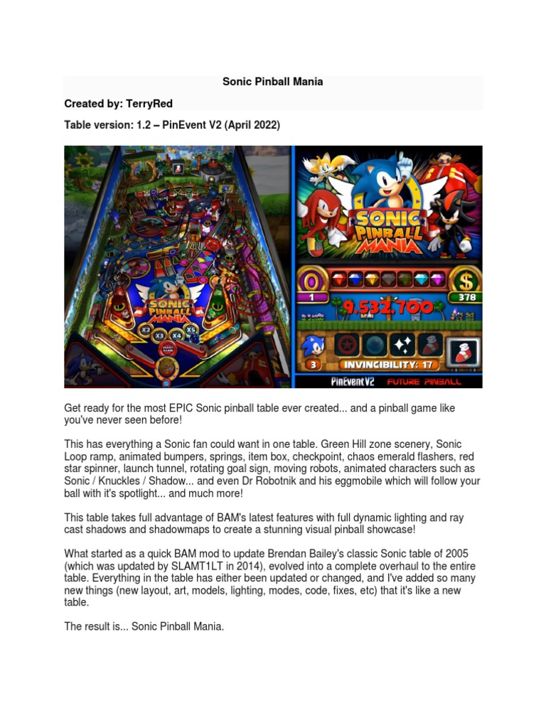 Sonic Pinball Mania Created By: Terryred: Table Version: 1.2 - Pinevent ...