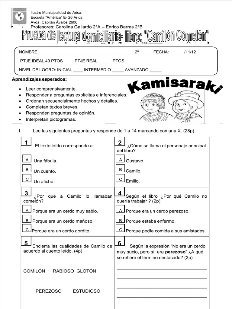 Evaluación de comprensión lectora sobre el cuento 'Camilo el cerdito glotón' | PDF