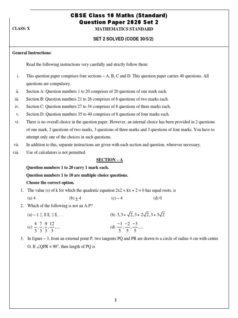 CBSE Class 10 Maths (Standard) Question Paper 2020 Set 2 | Download ...