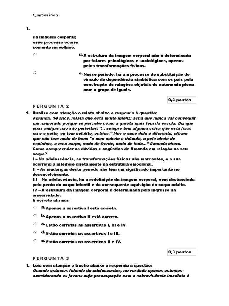 Questionário 2: Pergunta 2 | PDF | Adolescência | Juventude