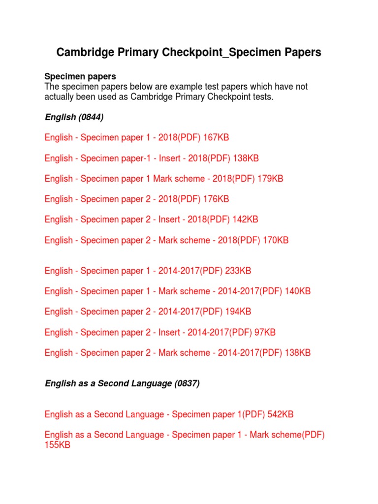 Cambridge Primary Checkpoints - Specimen Papers | PDF