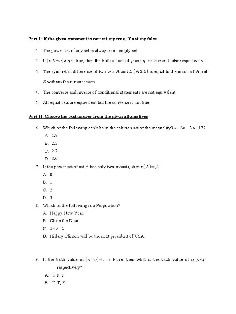 Propositional Logic and Set Theory Sample Exam | PDF | Truth | Logic